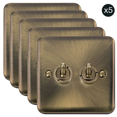 5 PACK - Curved Antique Brass 2 Gang 2 Way 10AX Toggle Light Switch ...