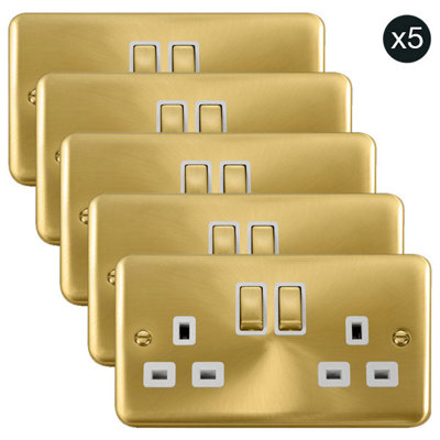 5 PACK - Curved Satin / Brushed Brass 2 Gang 13A DP Ingot Twin Double ...