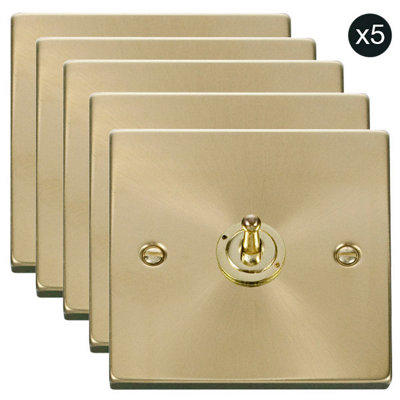 5 PACK - Satin / Brushed Brass 1 Gang 2 Way 10AX Toggle Light Switch ...