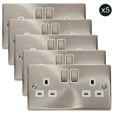 5 PACK - Satin / Brushed Chrome 2 Gang 13A DP Ingot Twin Double ...