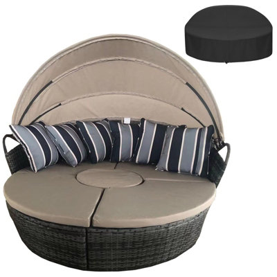5 PCS Modular Wicker Garden Daybed, Rattan Lounge Chair Round Daybed ...