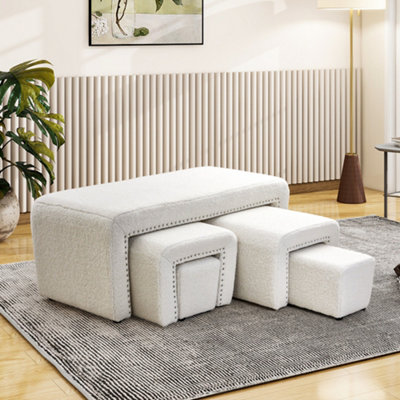 5 Pcs White Upholstered Teddy Fleece Ottoman Bench Set include Arched ...