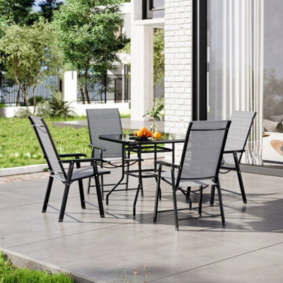 5 Piece Black Outdoor Glass Rectangle Garden Umbrella Table and Folding ...