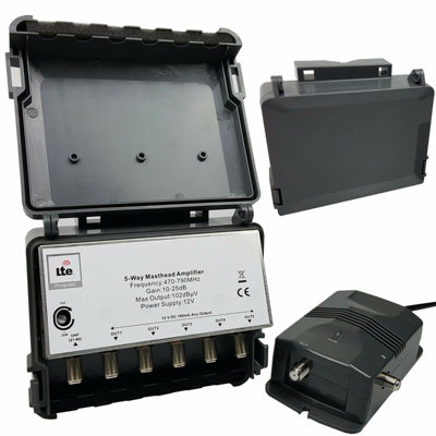 5 Port Outdoor Masthead Aerial Amplifier & PSU F Type Signal Splitter 4G LTE | DIY at B&Q