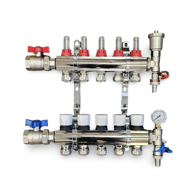 5 Ports Water Underfloor Heating Manifold with 16mm Pipe Connections, 1 ...