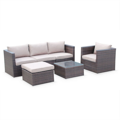 5-seater rattan garden furniture sofa set with table - Benito - Brown ...