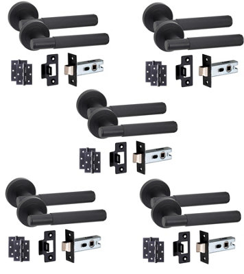 5 Set Linear T-Bar Door Handles with Latch and Hinges Matt Black Finish