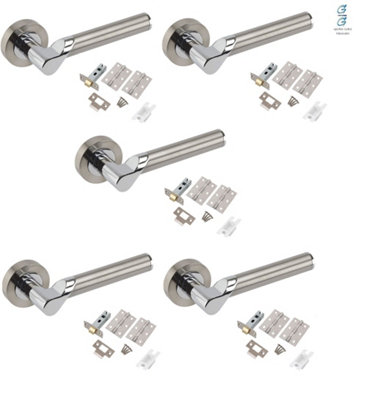5 Set Titan Style Door Handles Chrome Finish Lever Latch on Round Rose ...
