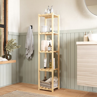 5 Shelf Narrow Slatted Storage Unit, Solid Pine Wood, Natural Sanded