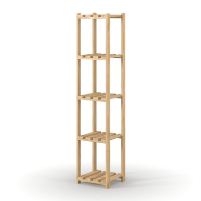 5 Shelf Narrow Slatted Storage Unit, Solid Pine Wood, Natural Sanded