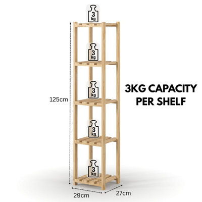 5 Shelf Narrow Slatted Storage Unit, Solid Pine Wood, Natural Sanded