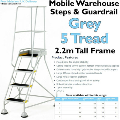 5-Step Portable Mobile Warehouse Safety Stairs with Guardrail in Grey