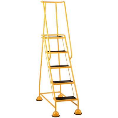 5-Step Yellow Mobile Warehouse Ladder with Safety Features