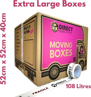 5 Strong Extra Large Cardboard Storage Packing Moving House Boxes 66 Metres Fragile Tape 52cm x ...