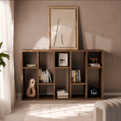5-tier asymmetrical bookshelf with 10 compartments Walnut - sweeek