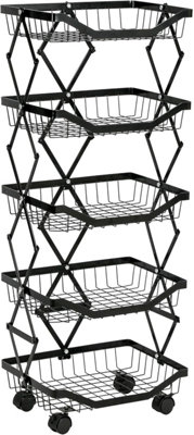 5 Tier Black Metal Rolling Storage Trolley Foldable, Stackable ...