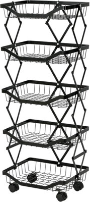 5 Tier Black Metal Rolling Storage Trolley Foldable, Stackable ...