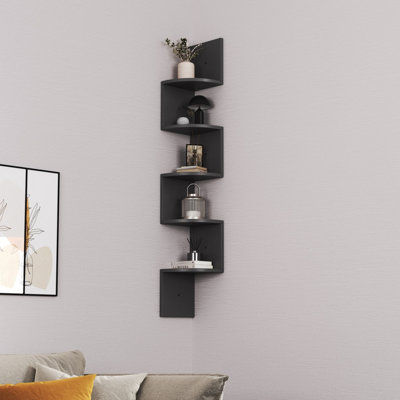 5-Tier Black Zigzag Radial Floating Wooden Corner Wall Shelf Display ...