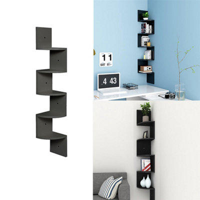 5-Tier Black Zigzag Radial Floating Wooden Corner Wall Shelf Display ...