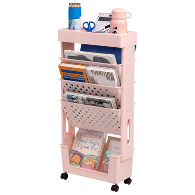 5-Tier Bookshelf Book Rack Small, Plastic Storage Trolley Cart - Pink