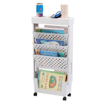 5-Tier Bookshelf Book Rack Small, Plastic Storage Trolley Cart - White