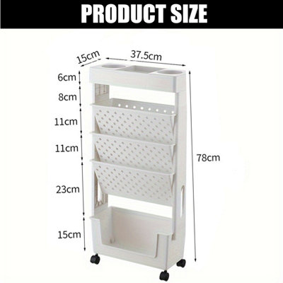 5-Tier Bookshelf Book Rack Small, Plastic Storage Trolley Cart - White