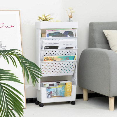 5-Tier Bookshelf Book Rack Small, Plastic Storage Trolley Cart - White