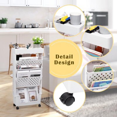 5-Tier Bookshelf Book Rack Small, Plastic Storage Trolley Cart - White