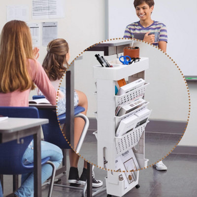 5-Tier Bookshelf Book Rack Small, Plastic Storage Trolley Cart - White