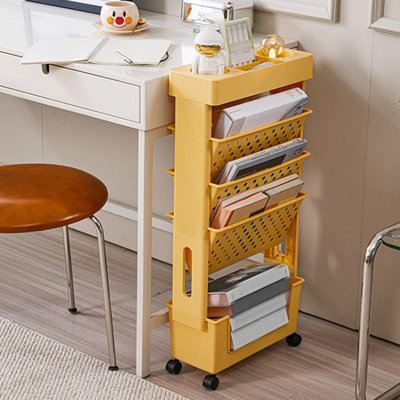 5-Tier Bookshelf Book Rack Small, Plastic Storage Trolley Cart - Yellow