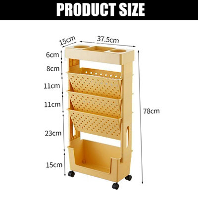5-Tier Bookshelf Book Rack Small, Plastic Storage Trolley Cart - Yellow