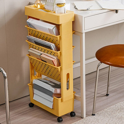 5-Tier Bookshelf Book Rack Small, Plastic Storage Trolley Cart - Yellow
