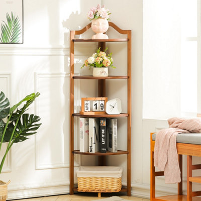 5 Tier Brown Bamboo Corner Storage Shelf Bookcase Display Unit 128 cm