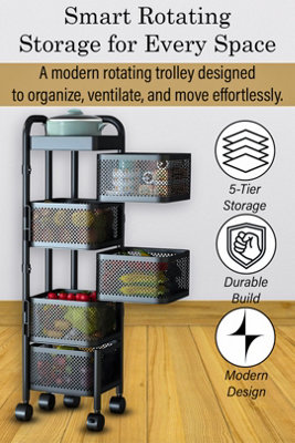 5 Tier Square Rotating Kitchen Bathroom Trolley Cart Storage Basket ...