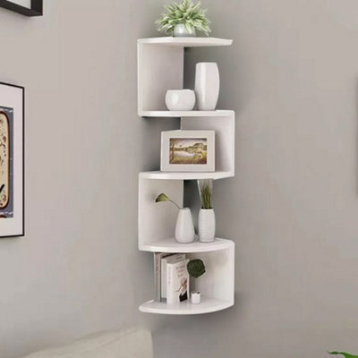 5-Tier White Wall Mounted Floating Corner Shelf - Space Saving Display Rack