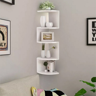 5-Tier White Wall Mounted Floating Corner Shelf - Space Saving Display Rack