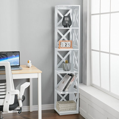 5 Tier White Wooden Corner Shelf Rack Shelf Bookcase Standing Shelving ...