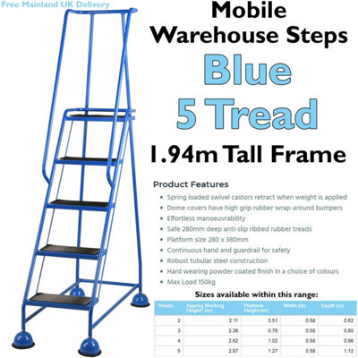 5 Tread Blue Mobile Warehouse Steps - Portable Safety Ladder with Wheels