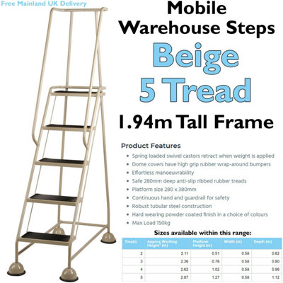 5 Tread Mobile Warehouse Steps BEIGE 1.94m Portable Safety Ladder ...