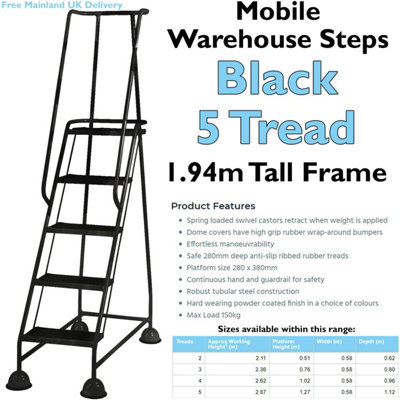 5 Tread Portable Black Warehouse Steps with Wheels - Safety Ladder for ...