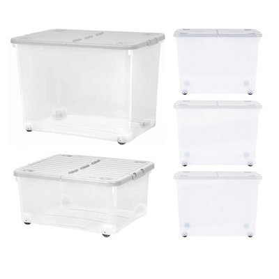 5 x 30L Clear Plastic Stackable Wheeled Storage Containers With Folding ...