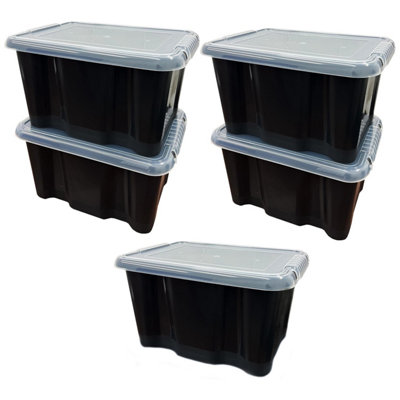 5 x Strong Black 24 Litre Plastic Storage Boxes With Clear See Through ...