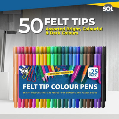 50 Felt Tip Colour Pens Bright Colours for Smooth Writing and Colouring ...