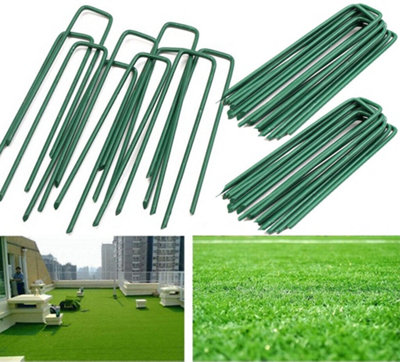 50 Pack Green Galvanised U-Shaped Ground Pegs Stakes for Artificial ...