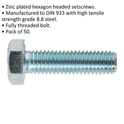 50 Pack M8 x 30mm Zinc Setscrews - Grade 8.8 Fully Threaded DIN 933