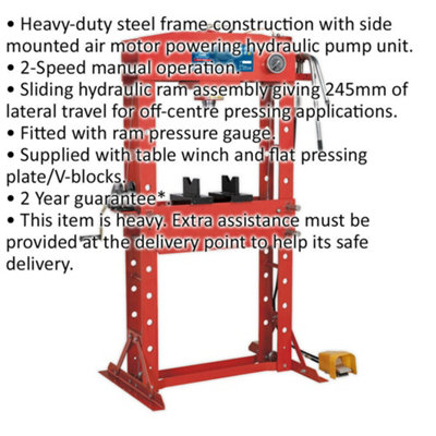 50 TONNE AIR HYDRAULIC PRESS WITH FOOT PEDAL AND SLIDING RAM ASSEMBLY