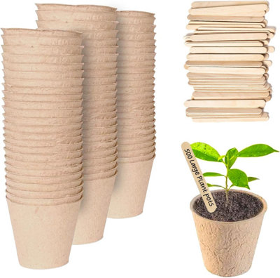 500 Biodegradable 8cm Fibre Plant Pots with Wooden Labels - Eco ...