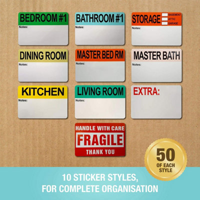 500 Moving Box Labels - Color-Coded Labels for Boxes - Fragile, Kitchen ...