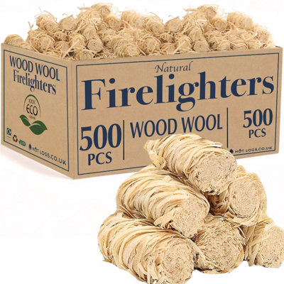 500 Natural Firelighters Large Box. Natural Wood Wool Wax Fire Lighters ...