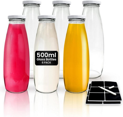 500ml Glass Milk Bottles with White Lids, Airtight Seal, Labels & Pen ...